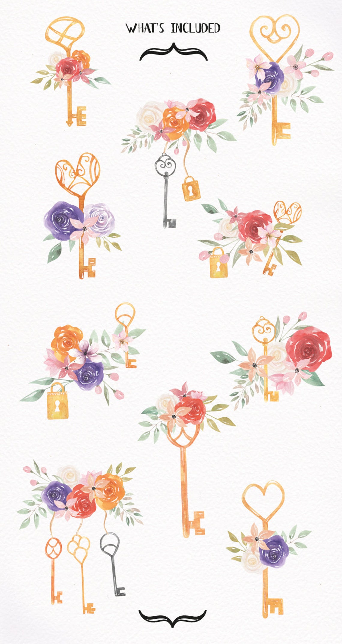 Watercolor Keys Floral Clipart 10 Bouquets Locks Blooms Heart Gold ...