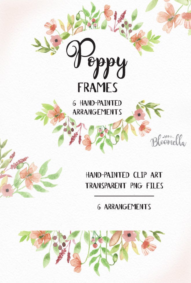 6 Watercolour Poppy Frame Clipart Hand Painted Green Spring | Etsy