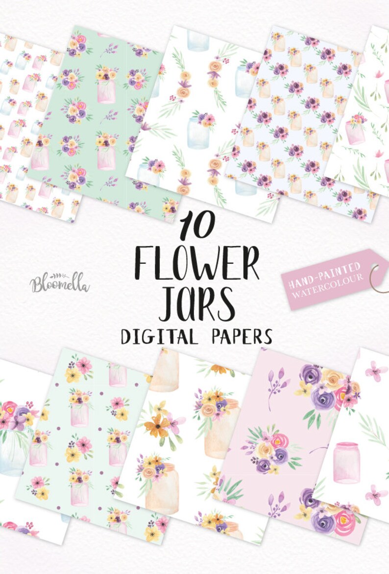 Flower Jars Digital Papers Watercolor Floral Jar Patterns - Etsy