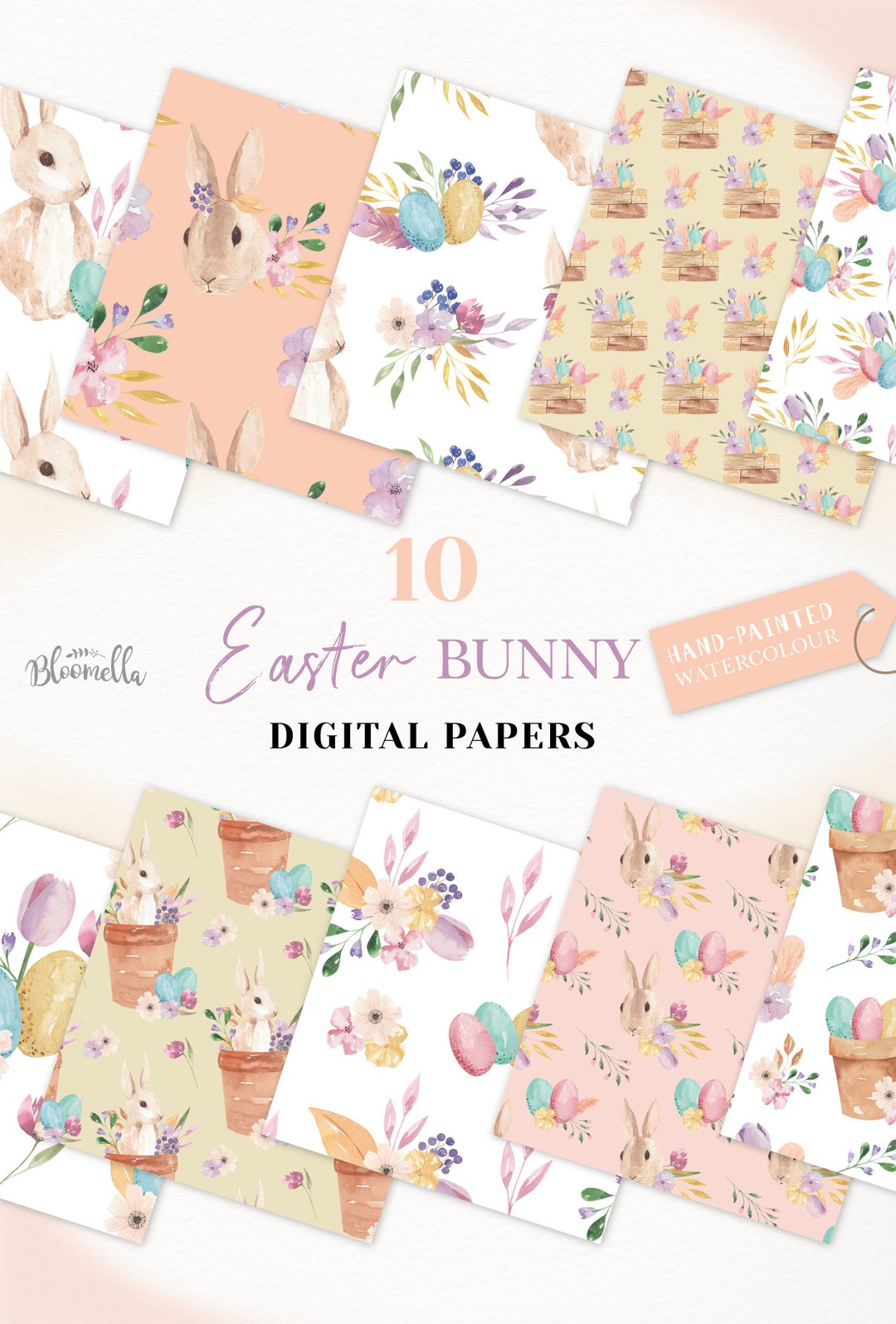 Easter Bunny Egg Floral Digital Papers Watercolor Flower Patterns ...