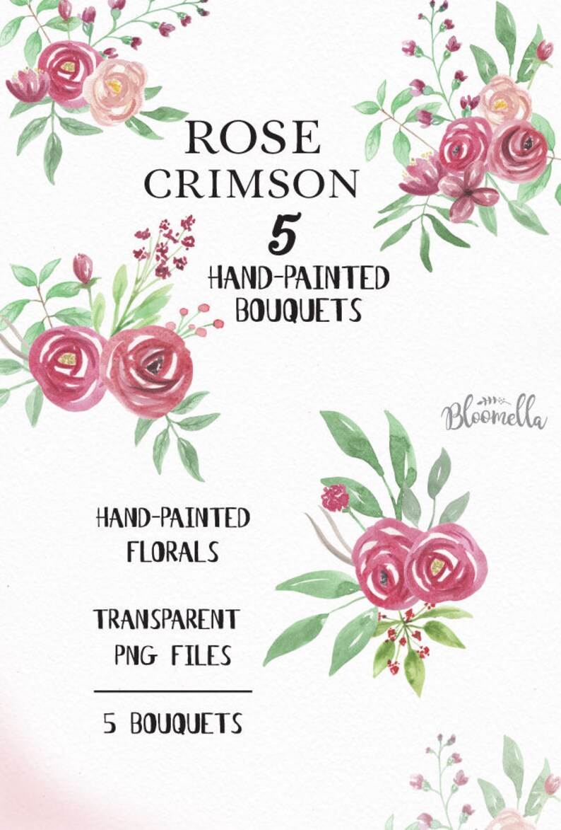 Watercolour Red Pink Floral Clipart 5 Bouquets Arrangements - Etsy
