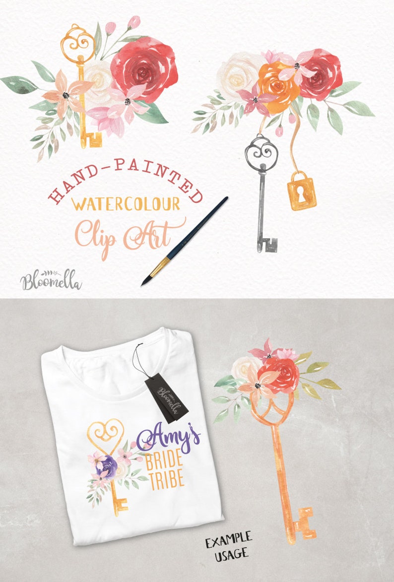 Watercolor Keys Floral Clipart 10 Bouquets Locks Blooms Heart Gold ...