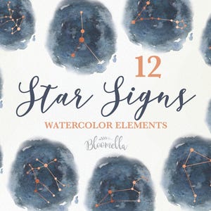 Star Signs Watercolour 12 Clipart Element Rose Gold Zodiac Hand Painted ...