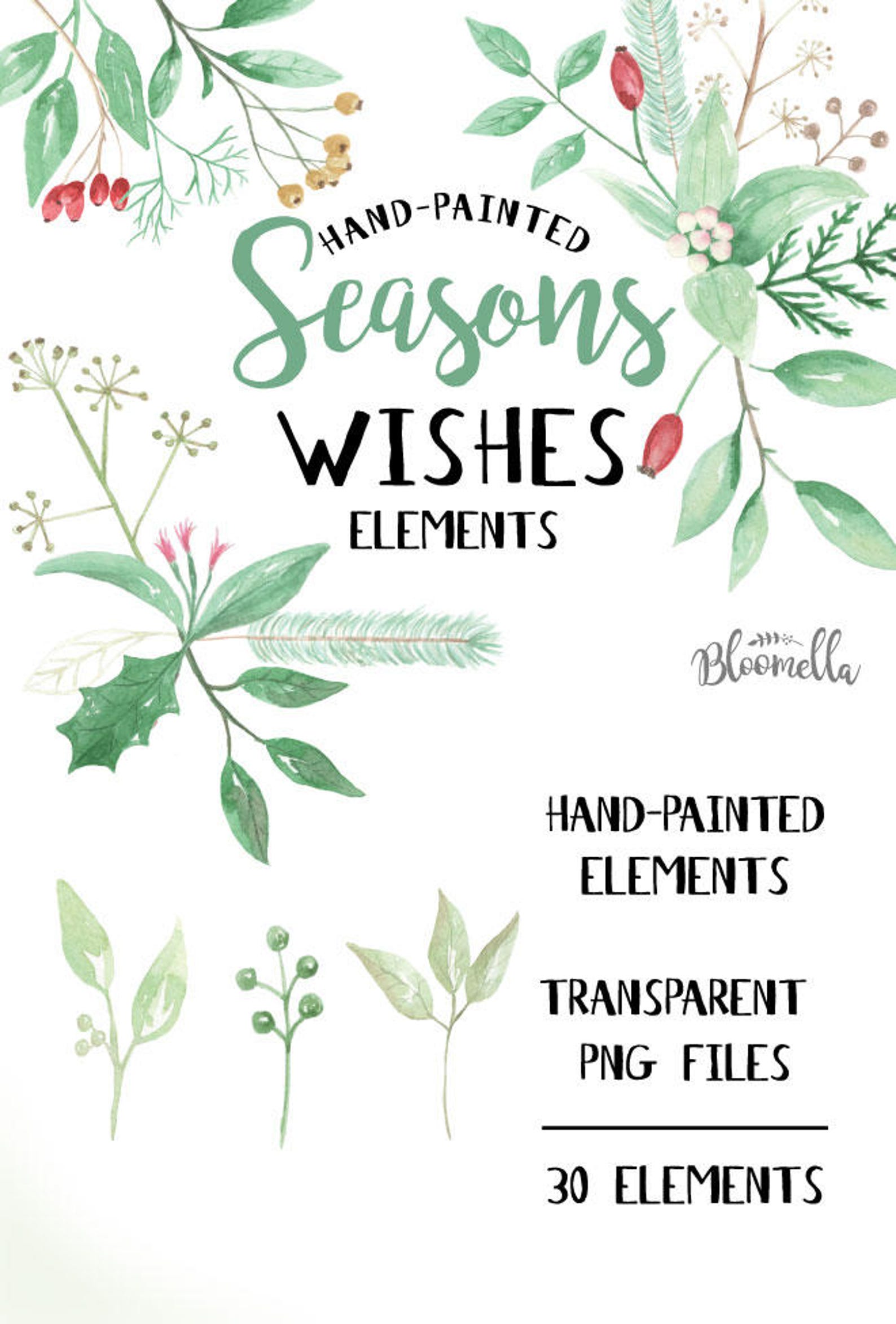 30 Watercolour Winter Clipart Elements Festive Hand Painted Christmas ...