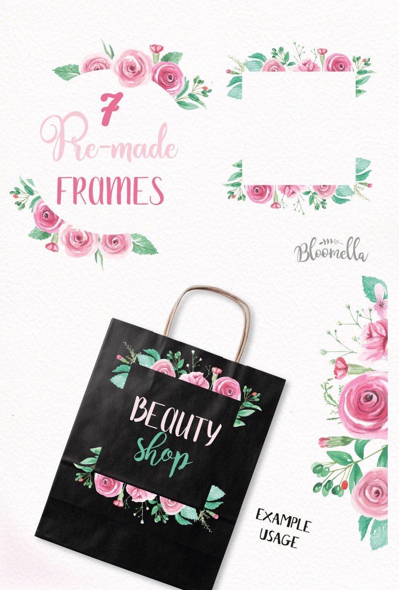 7 Watercolour Rose Flower Frame Pink Clipart Floral Hand | Etsy