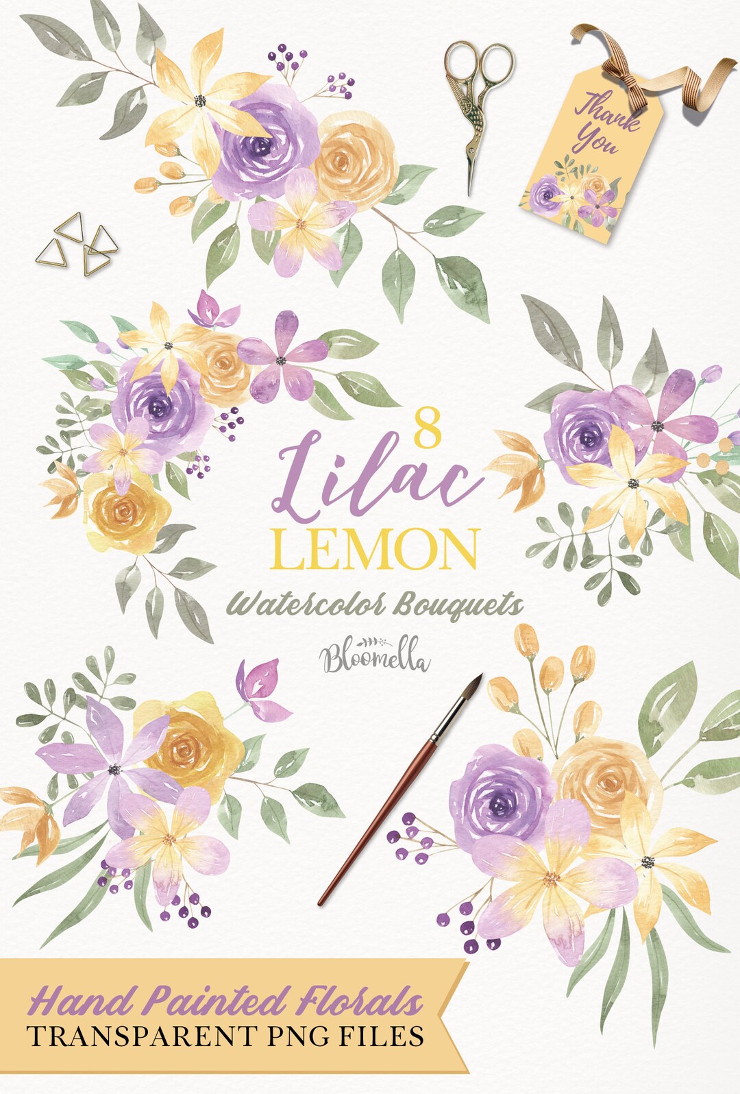 Watercolour Floral Clipart Lilac Lemon 8 Bouquets Arrangements - Etsy