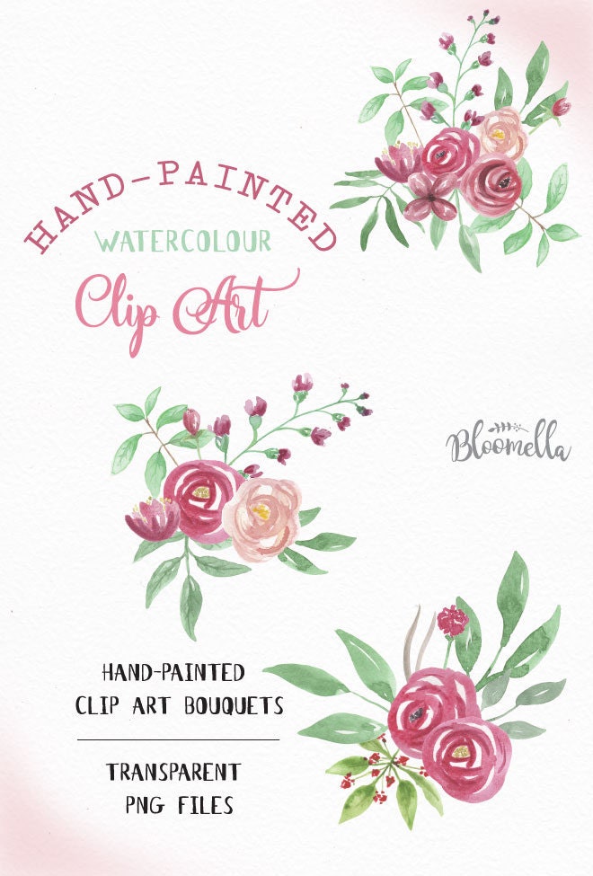 Watercolour Red Pink Floral Clipart 5 Bouquets Arrangements | Etsy