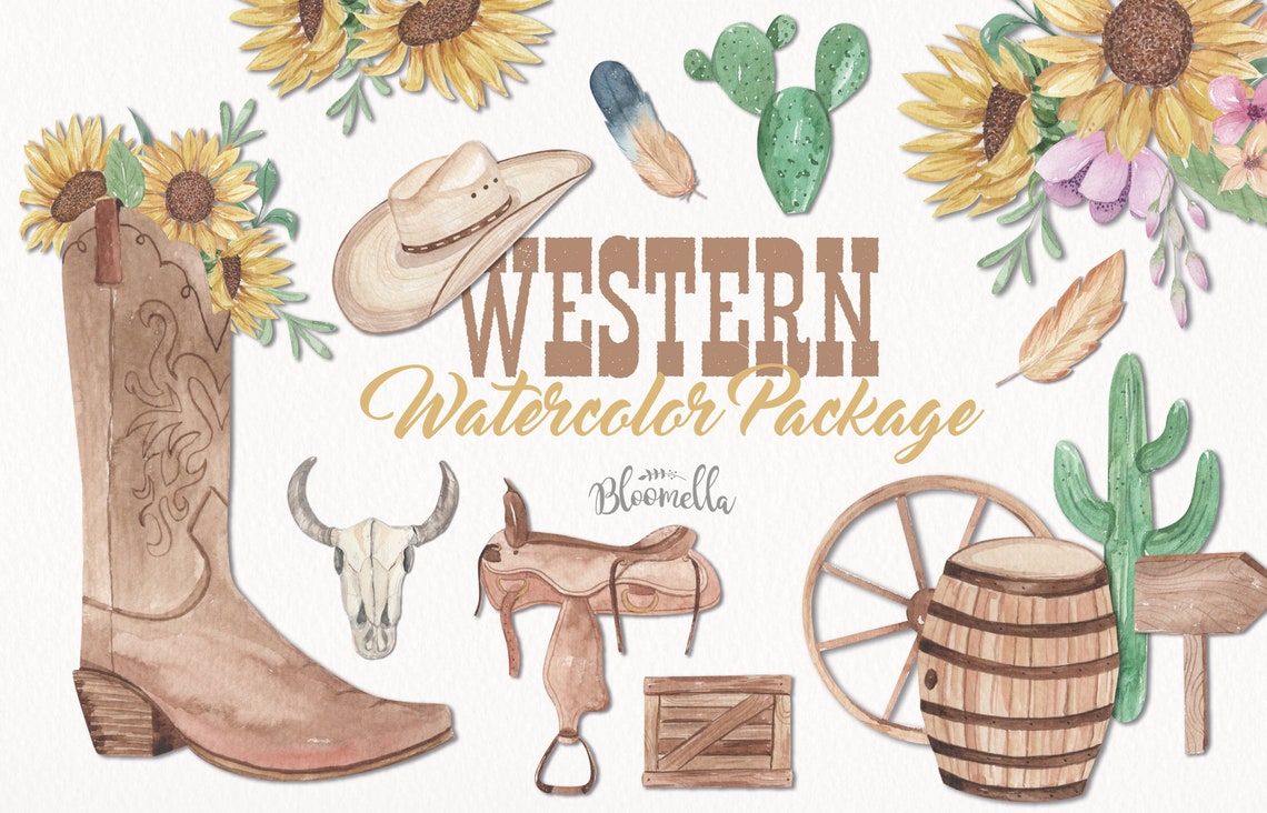 Western Watercolour Clipart Cowboy Cowgirl Boot Sunflowers - Etsy