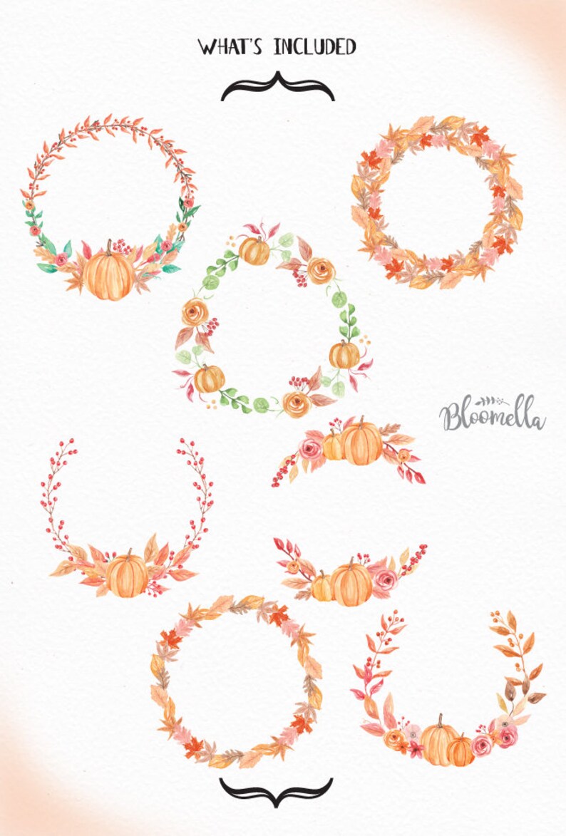 7 Watercolour Pumpkin Fall Wreaths Clipart Autumn Harvest - Etsy