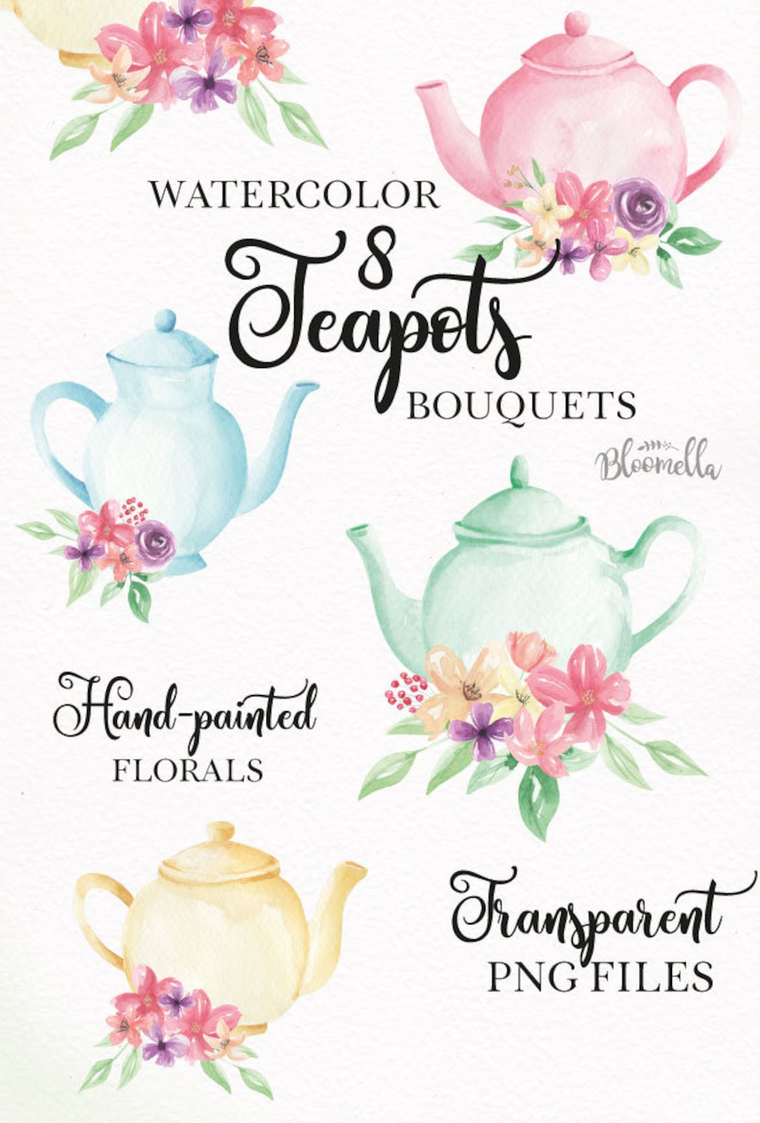Watercolour Teapots Clipart 8 Arrangements Hand Painted Floral Tea Pots ...