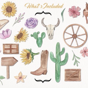 Western Watercolour Clipart Cowboy Cowgirl Boot Sunflowers Cactus ...
