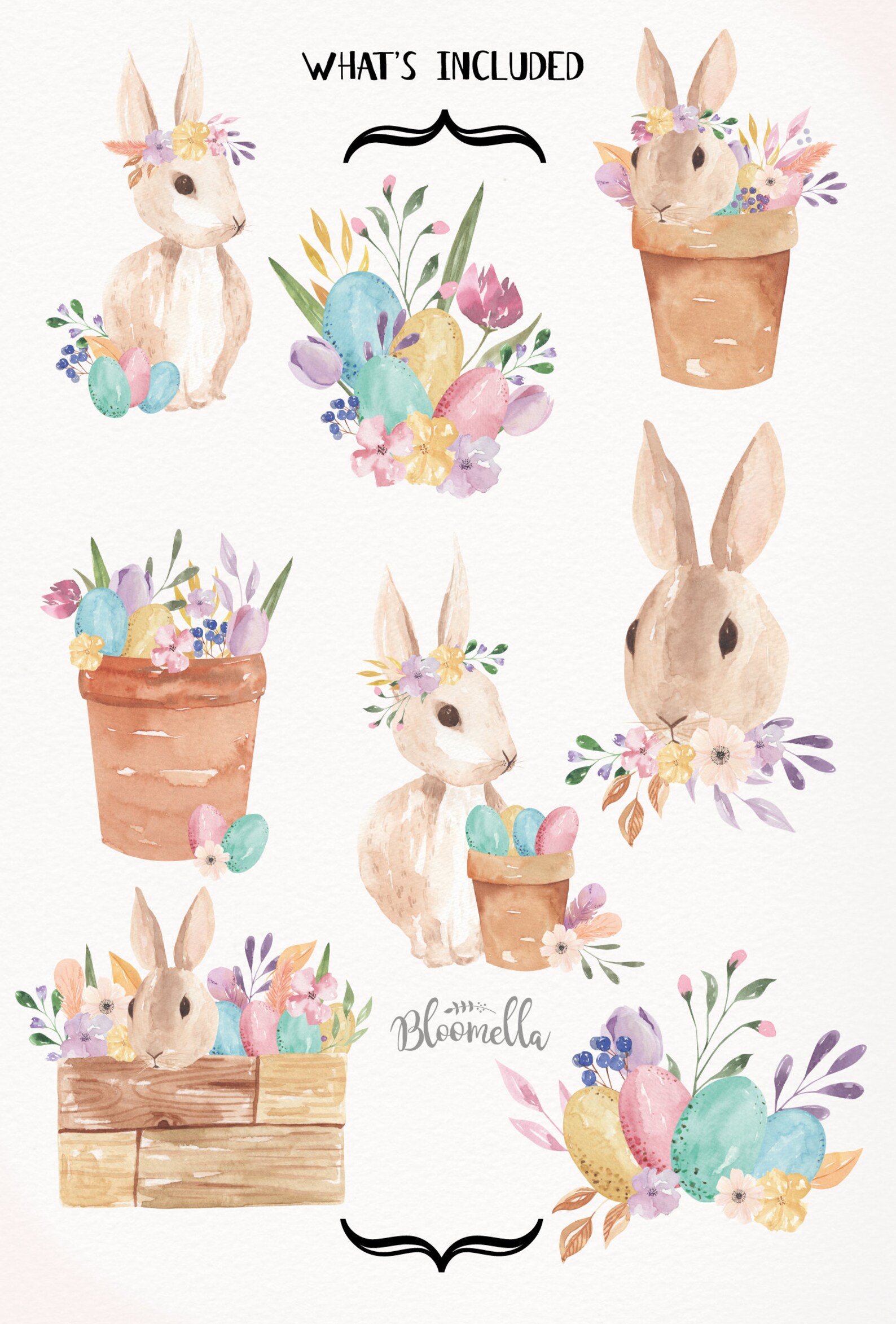 Watercolor Easter Bunny Clipart 8 Bouquets Florals Eggs - Etsy