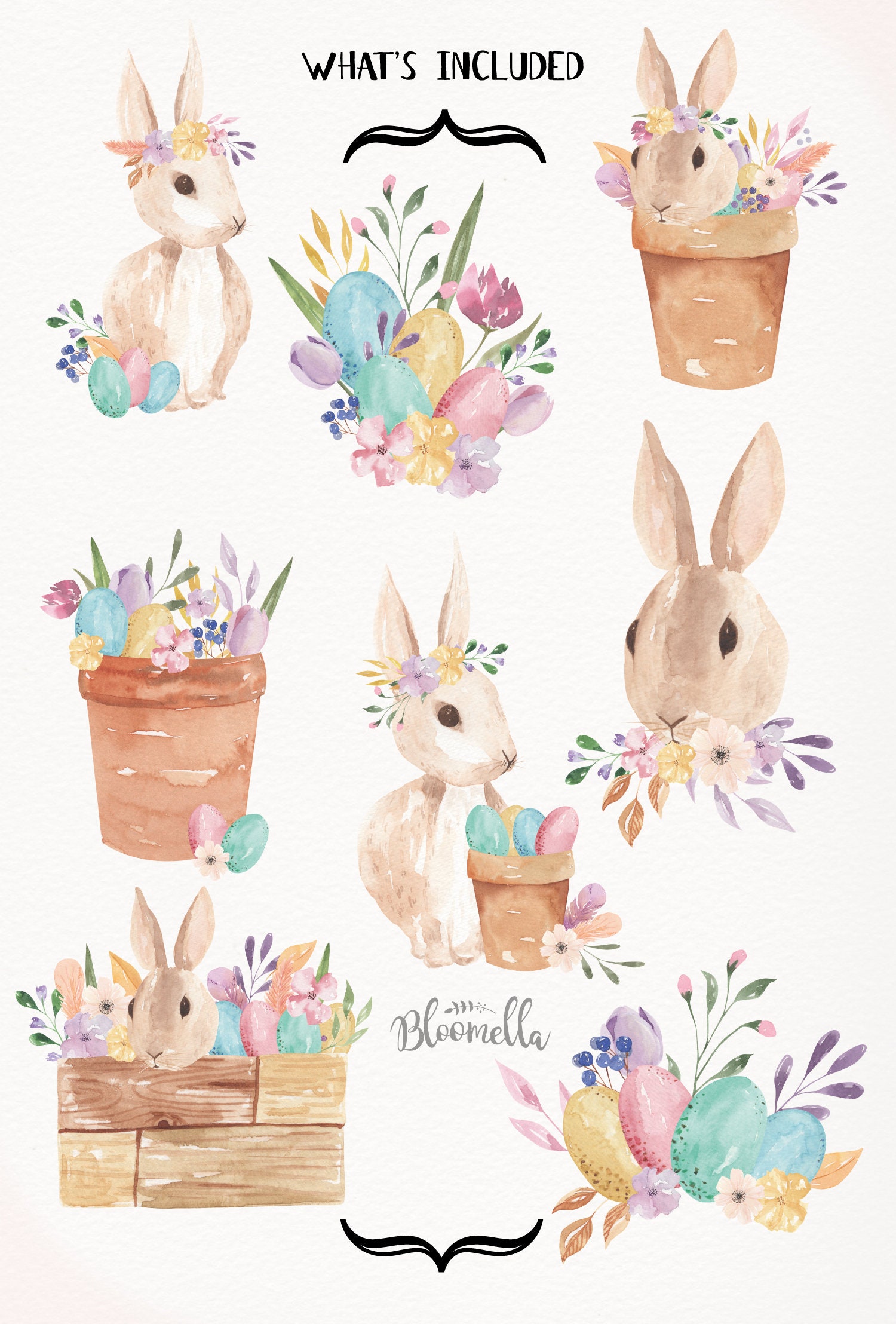 Watercolor Easter Bunny Clipart 8 Bouquets Florals Eggs Feathers Blooms ...