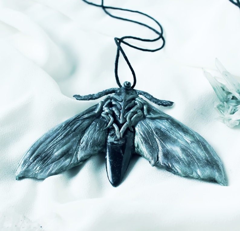 Two sided moth pendant with fossil talisman moth jewelry | Etsy