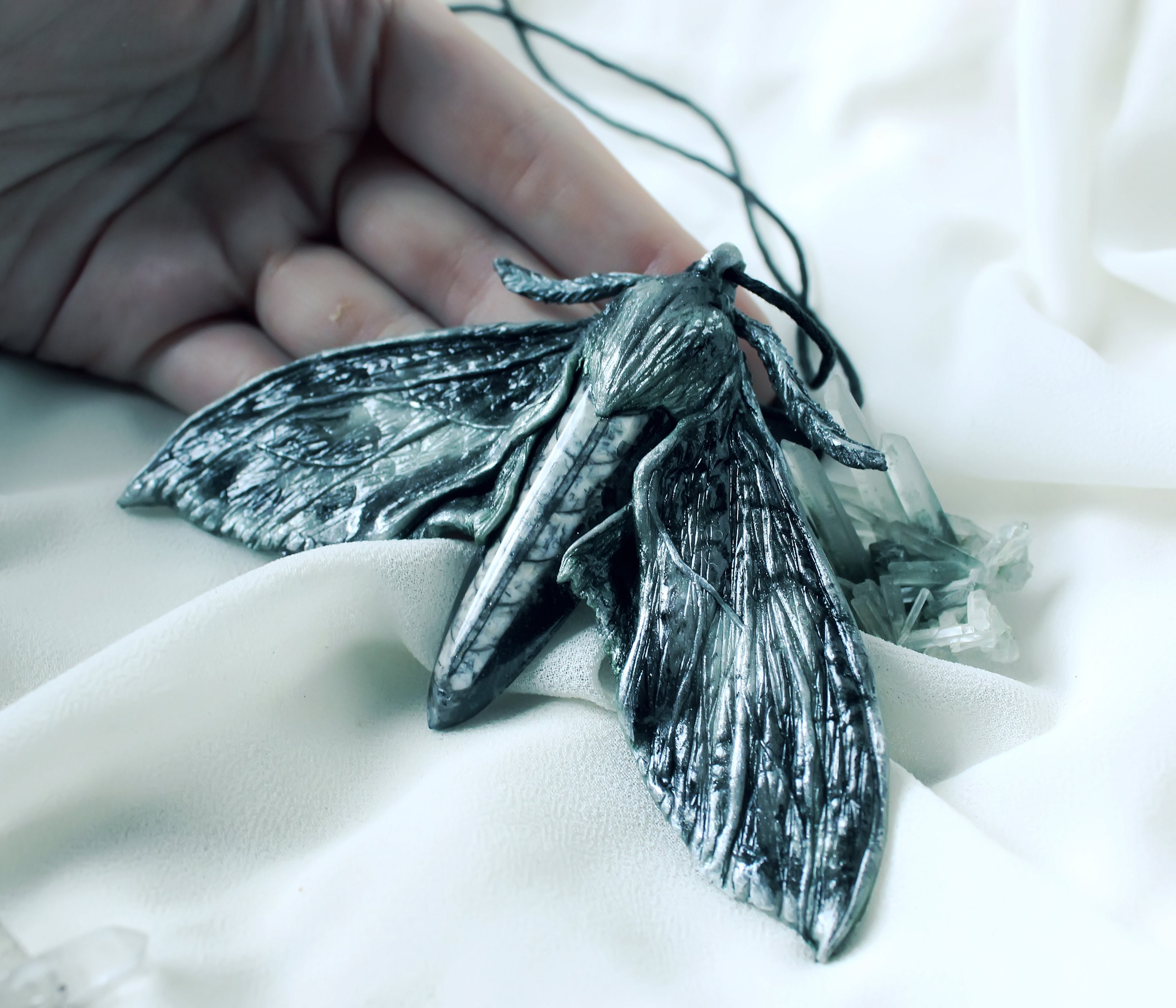 Two sided moth pendant with fossil talisman moth jewelry | Etsy