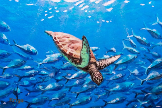 Sea Turtle Sea Fish School of Fish Turtle Underwater | Etsy