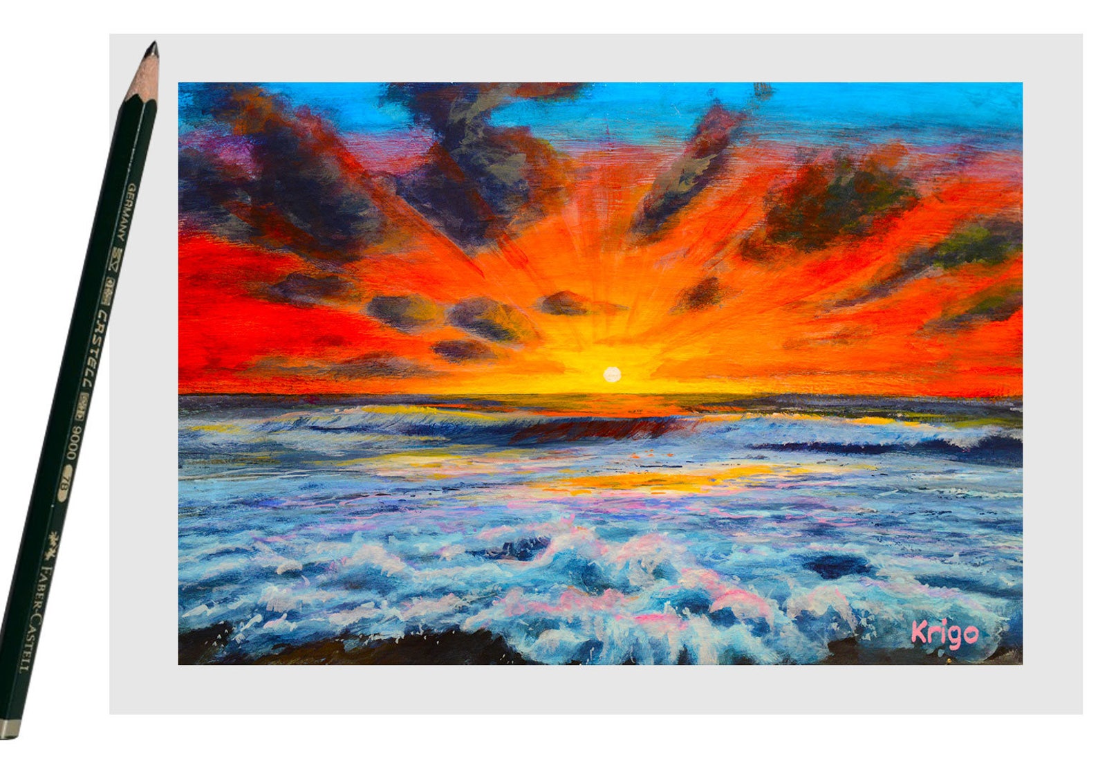 Sea, Waves, Beach, Sunset, Clouds, Miniature Painting, Acrylic, 10 X 15 ...