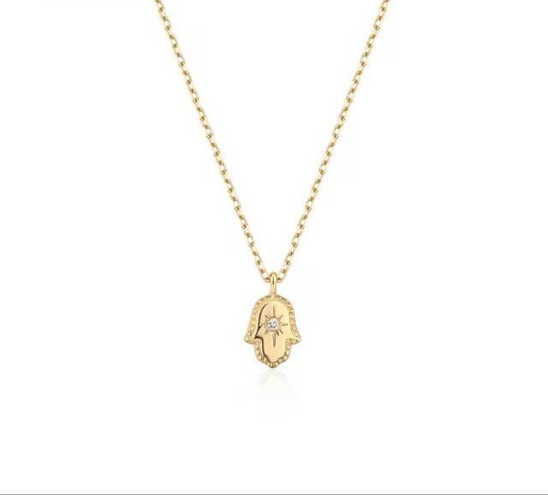 Lepos 14k Solid Yellow Gold Diamond Hamasa Hand Pendant Necklace ...