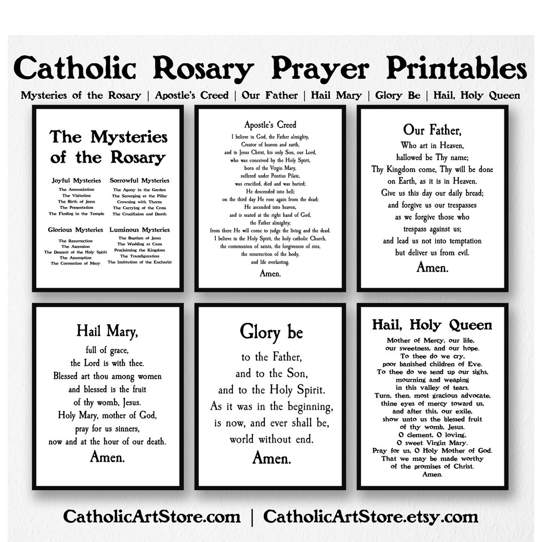 Rosary Printable Prayer Set 7 Prayer Set Mysteries of the Rosary Marian Devotion Hail Holy Queen Fatima Catholic Wall Art Home Altar Etsy