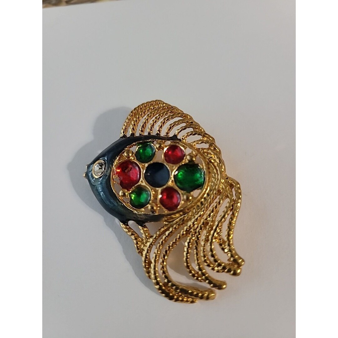 Vintage Daxon Brooch Goldfish Fish Enamel Rhinestone Goldtone 2 Long ...