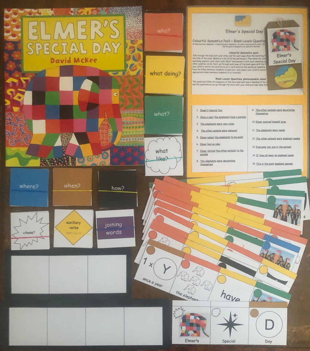 Elmer’s Special Day Colourful Semantics and Blank Levels Questions Pack ...