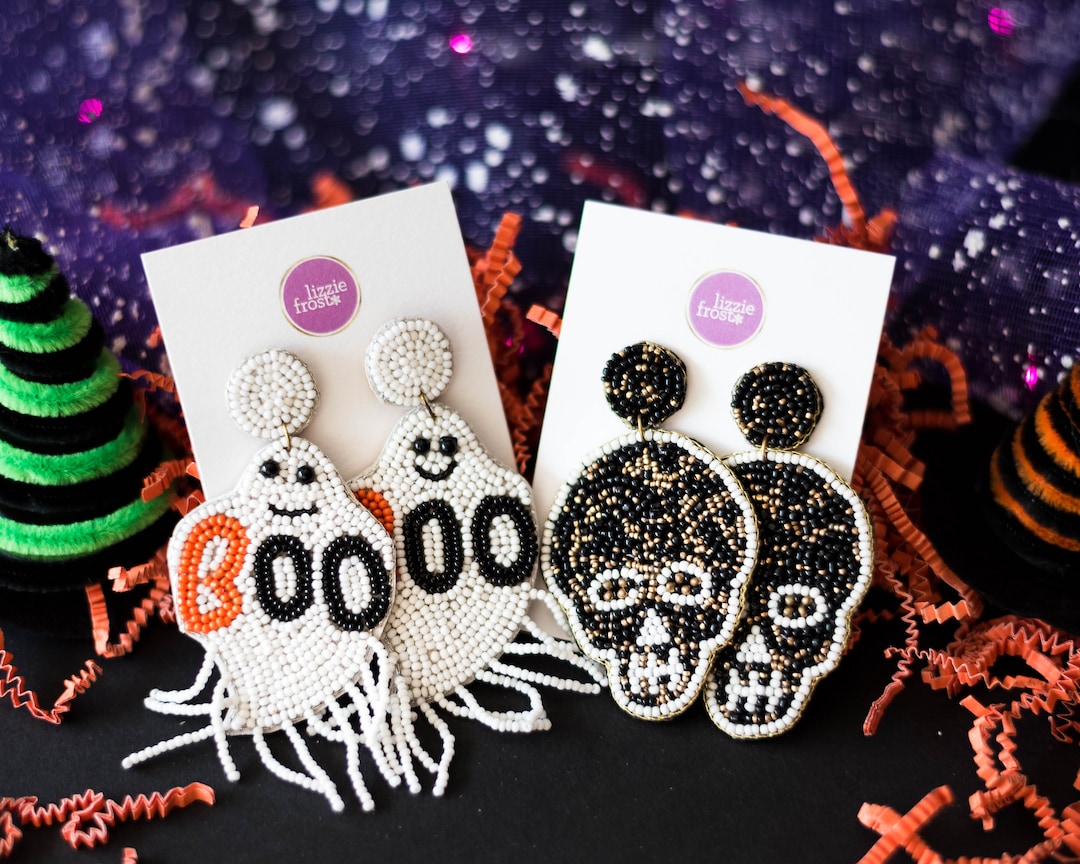 Beaded Halloween Earrings, Ghosts Boo Fringe Earrings, Skull Earrings ...