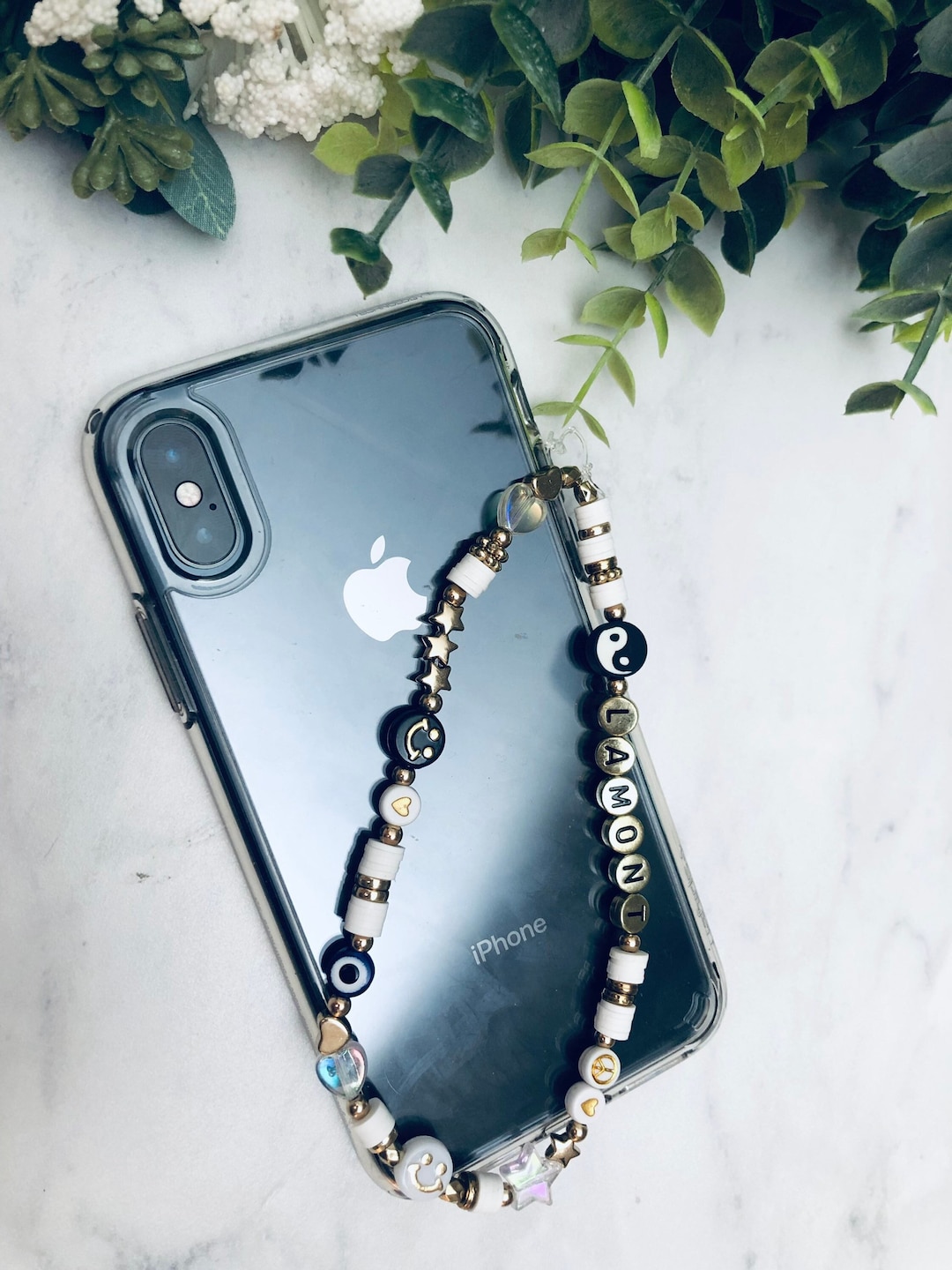 Personalized Beaded Phone Charm Custom Name Phone Charm, Black and Gold ...