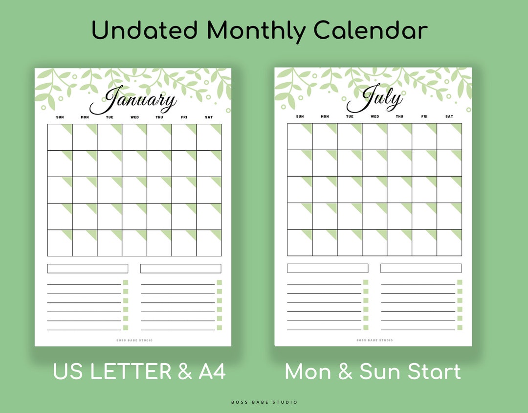 Undated Monthly Calendar / Printable Calendar / Sun Start - Etsy