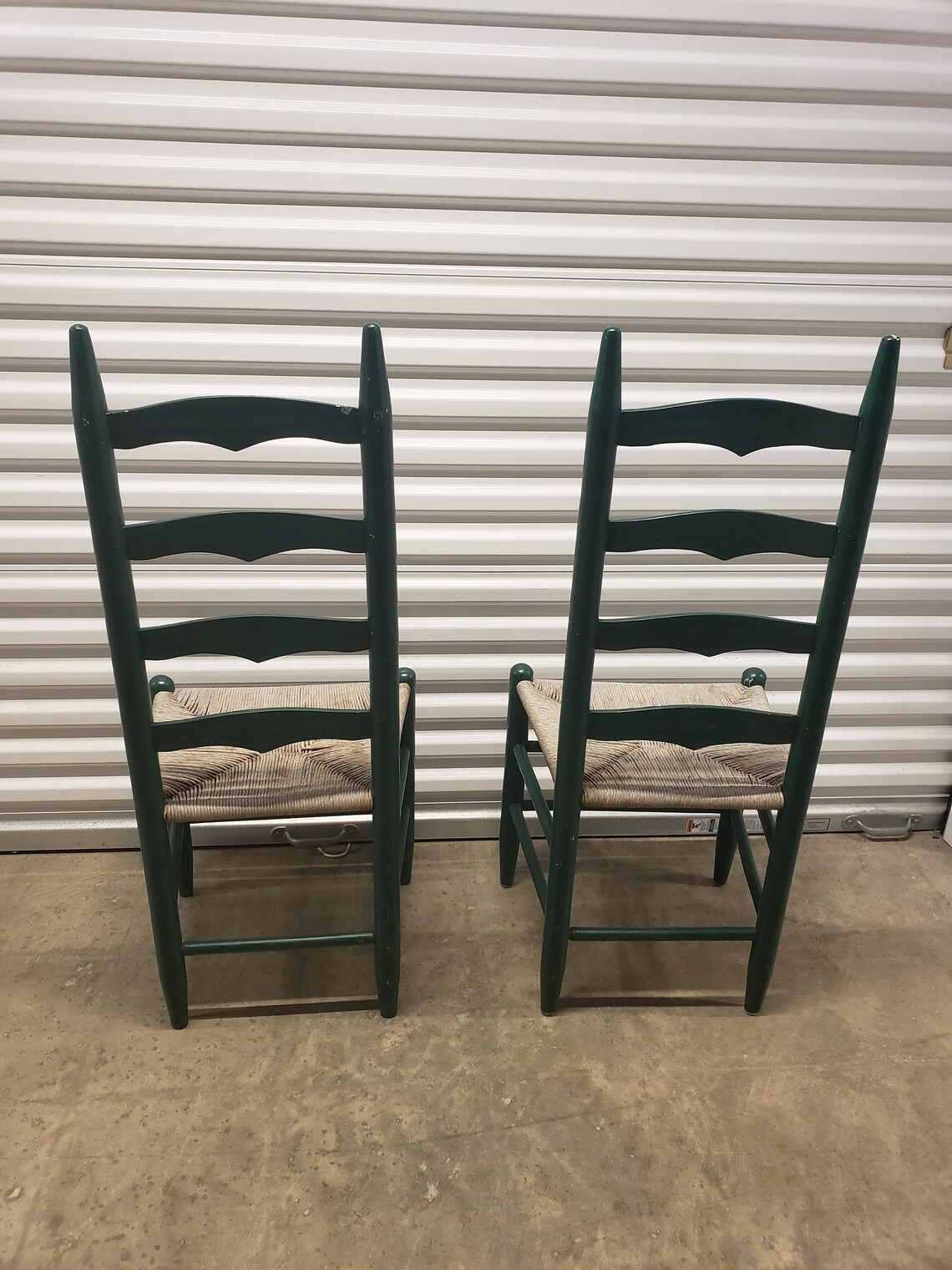 Pair Vintage Wood Ladder Back Colonial Woven Rush Seat Pointed Side ...