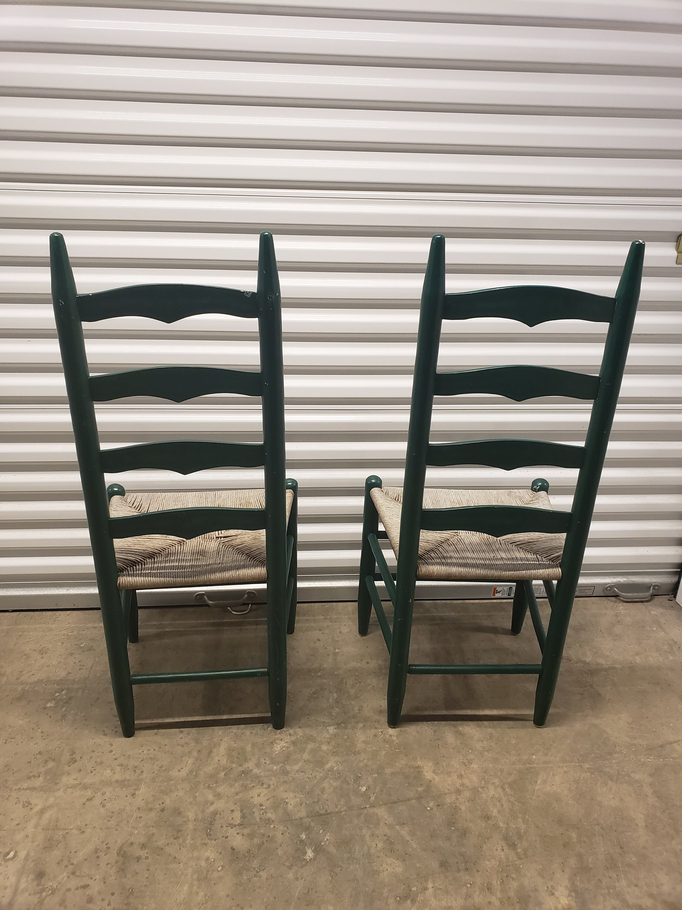 Pair Vintage Wood Ladder Back Colonial Woven Rush Seat Pointed Side ...