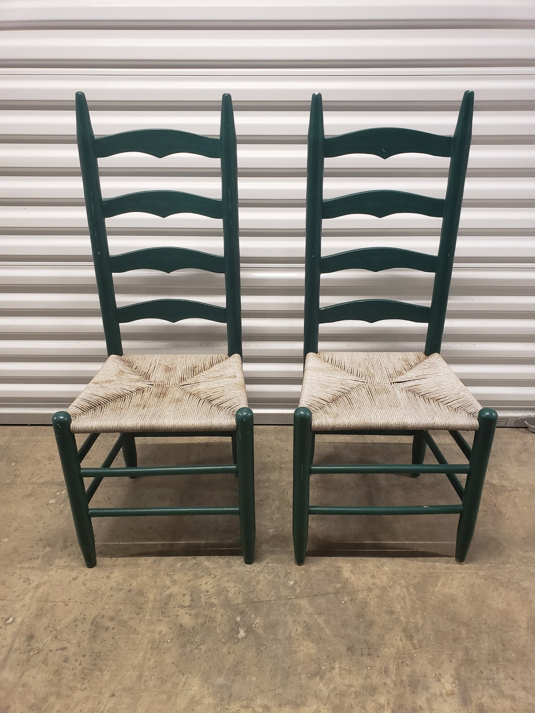 Pair Vintage Wood Ladder Back Colonial Woven Rush Seat Pointed Side ...