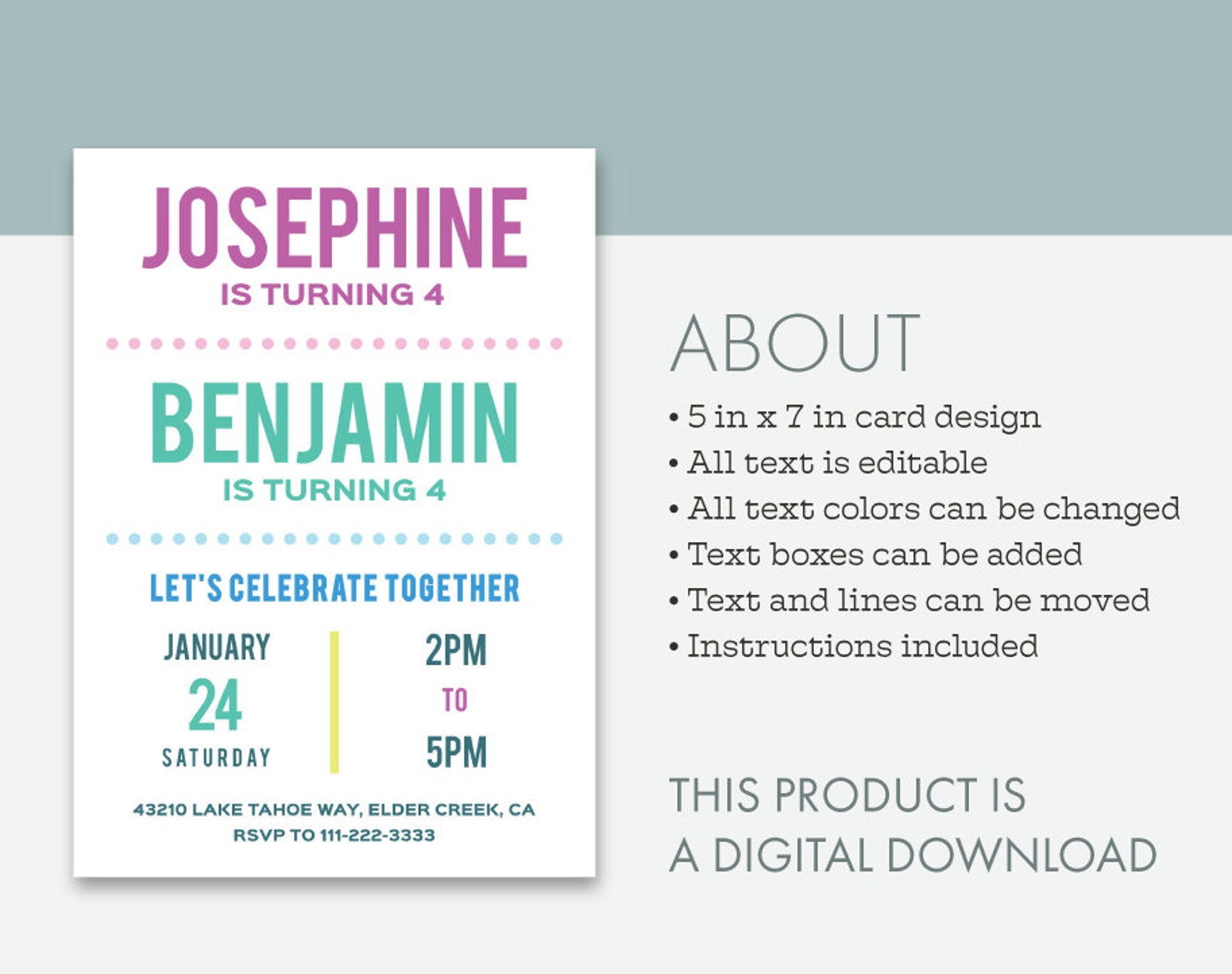 Editable Joint Birthday Party Invitation Boy and Girl, Modern Double ...