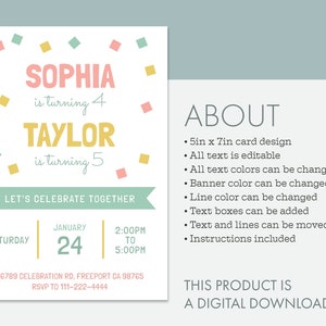 Editable Joint Birthday Party Invitation Boy and Girl, Confetti ...