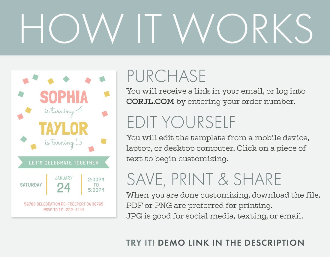 Editable Joint Birthday Party Invitation Boy and Girl, Confetti ...