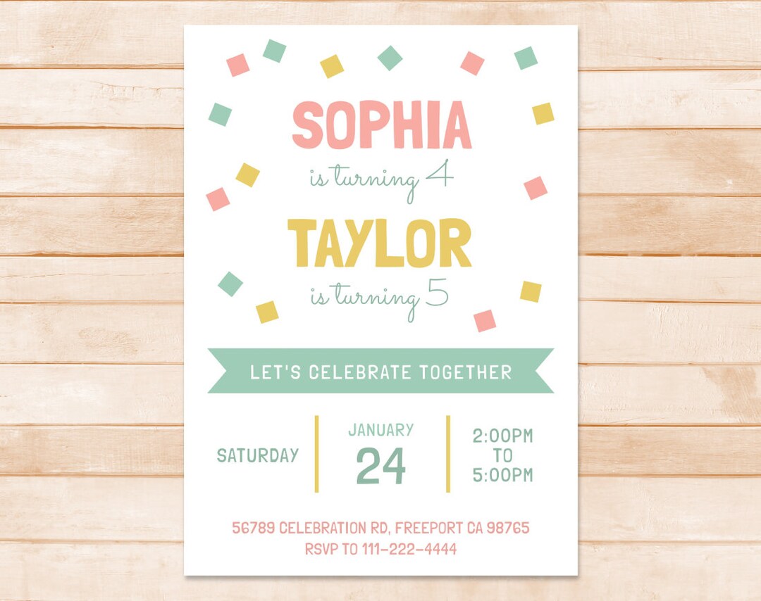 Editable Joint Birthday Party Invitation Boy and Girl, Confetti ...