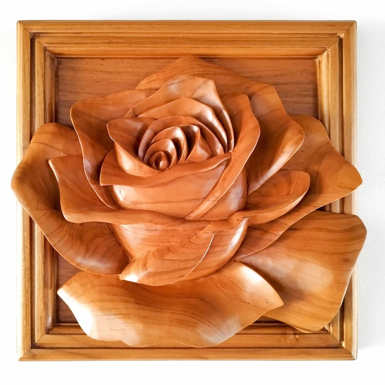 Love Rose Flower Hand Carved Wooden Wall Art Sculpture Decoration ...