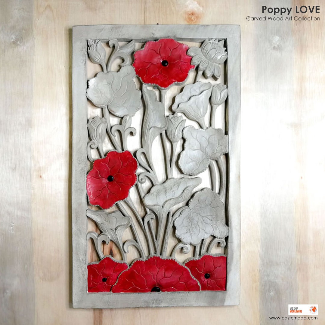Wood Carving Wall Decoration Art Shabby Chic Panel Poppy Appeal - Etsy