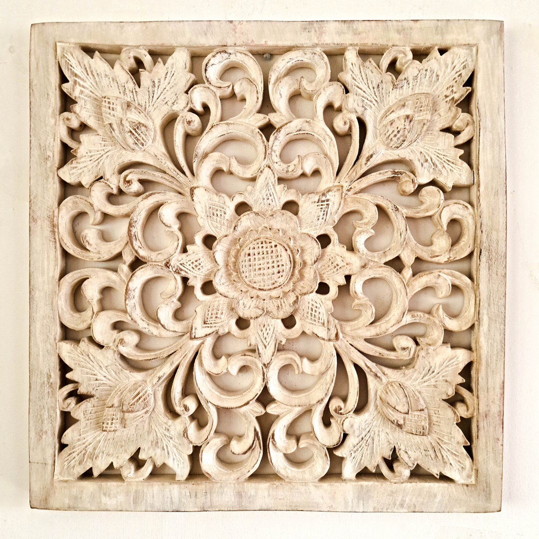 Carved Wooden Wall Art - Mandala Distressed White Bohemian Boho Hanging ...