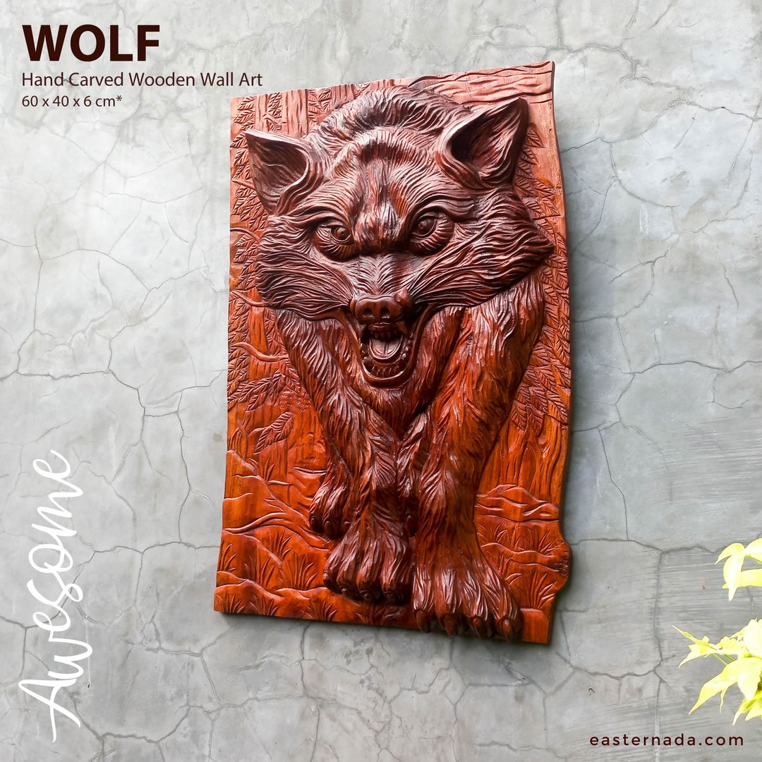 Hand Carved Large Teakwood Decorative Wolf Sculpture Wall Art Home ...