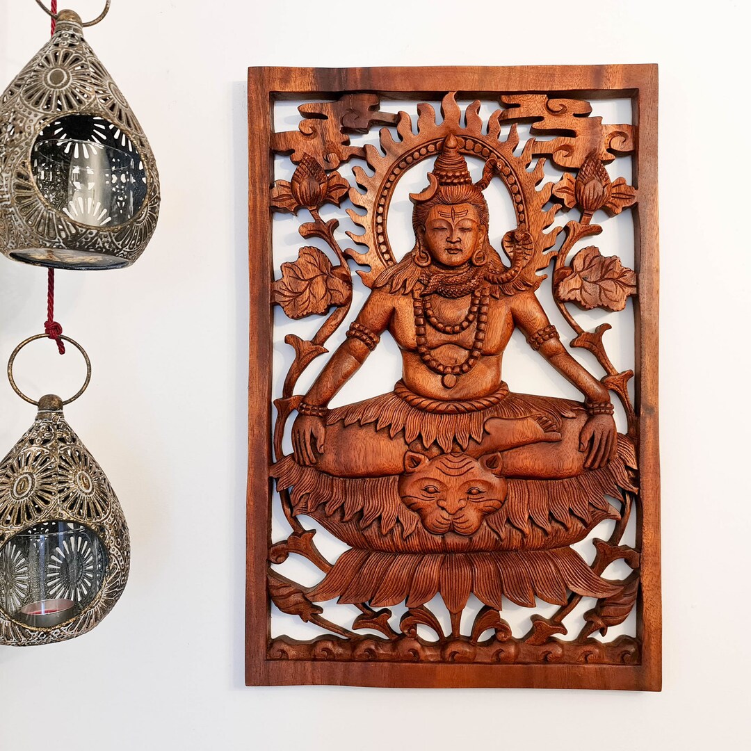 Hindu God Lord Shiva Siva Wooden Wall Art Sculpture Decoration Yoga ...