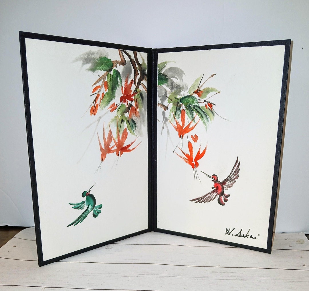 Hand Painted Japanese Watercolor " Hummingbirds " 2 Panel 7.5" X 10 ...