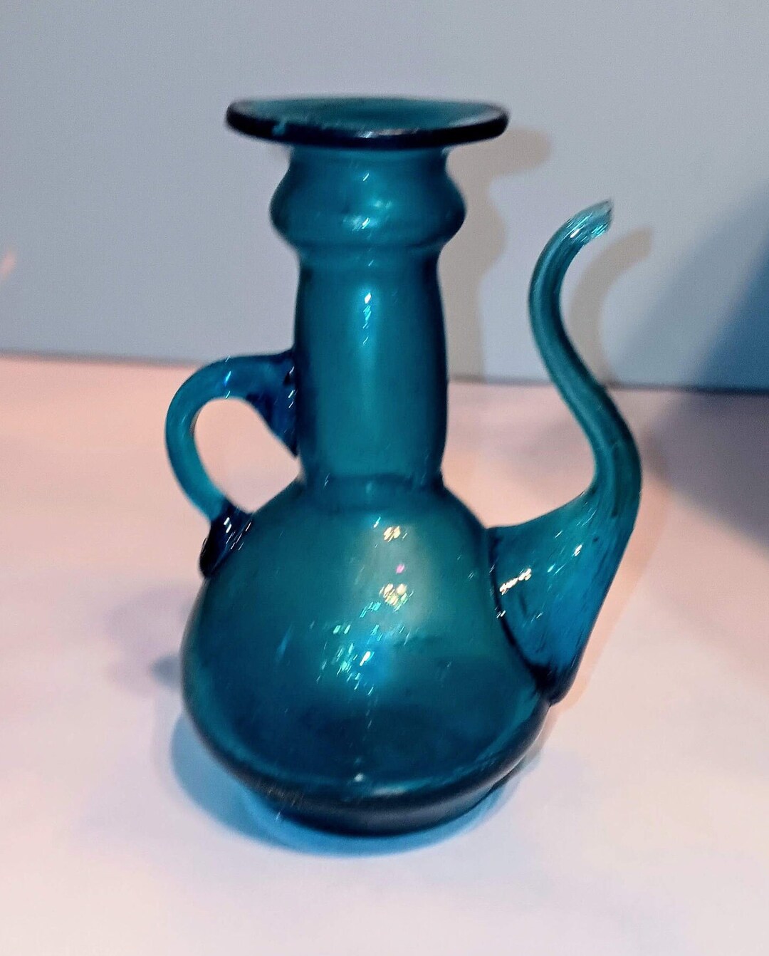 Hand Blown Bubbled Blue Glass Old Islamic Aftabeh Ewer With Handle and ...