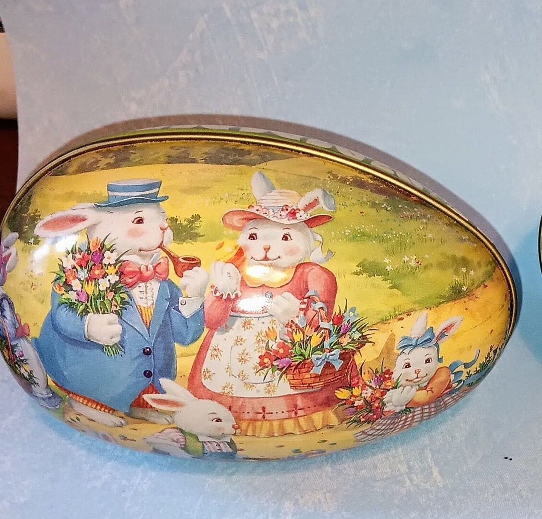 Easter Tin Egg With Lithograph Print Bunny Family Peach or Green Bottom ...