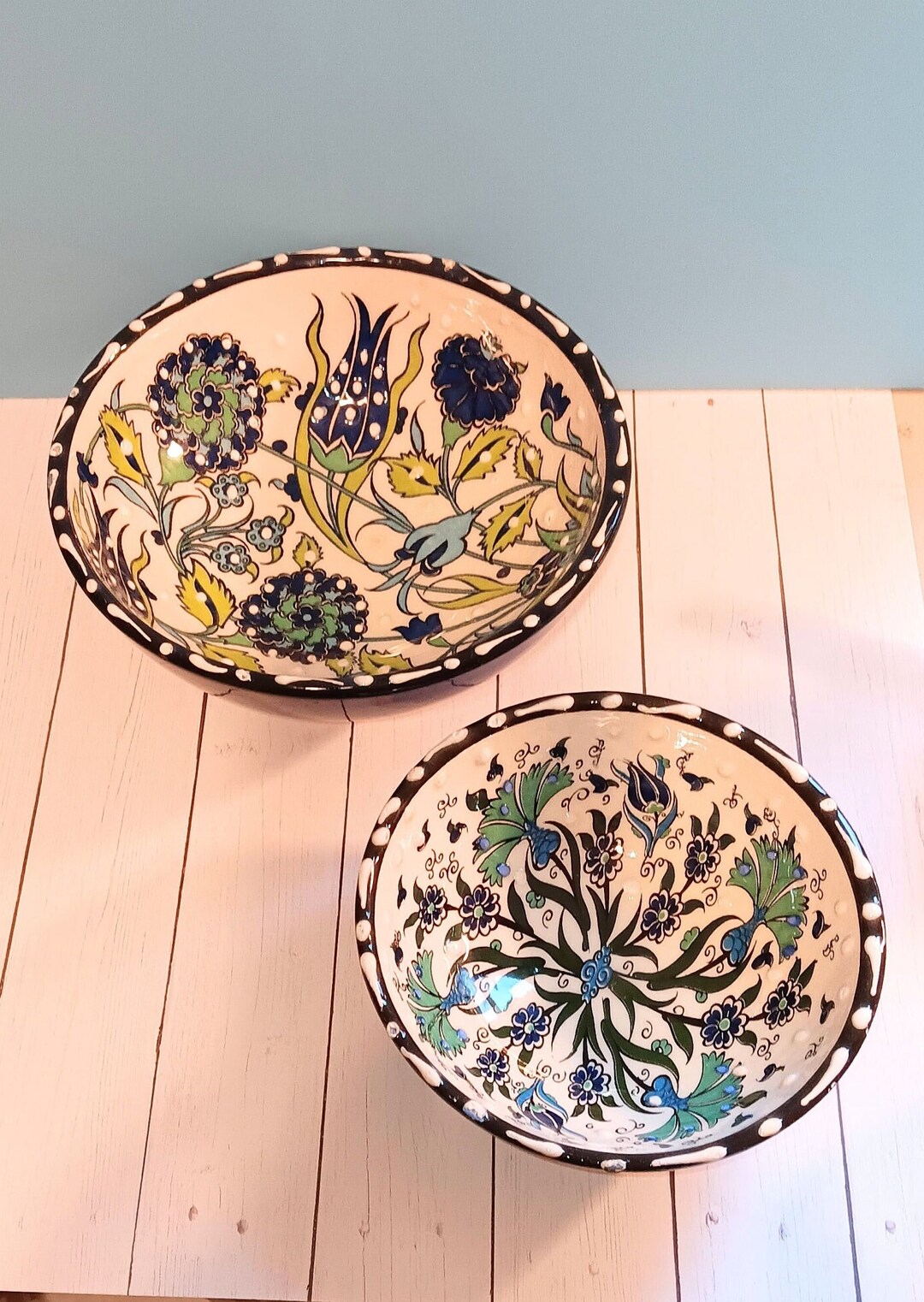 Hand Painted Ceramic Blue and Green Nakkas Cini Raised Turkish Dipping ...