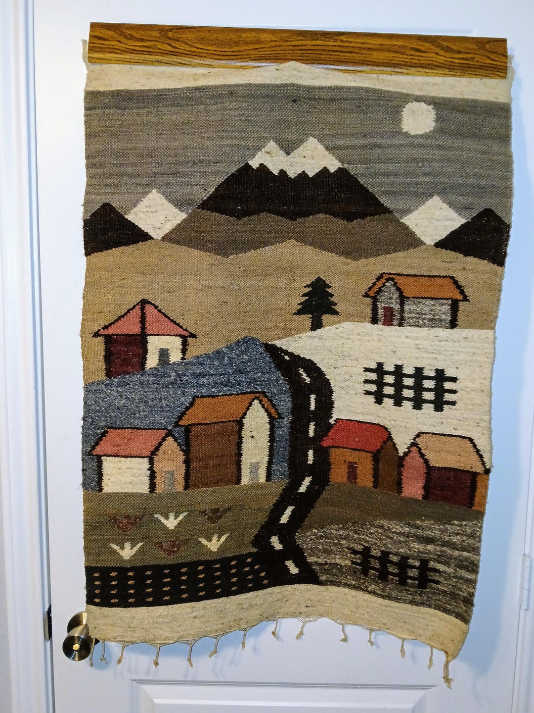 Hand Woven Wool Folk Art 40 Tapestry/rug Wall Hanging on a Wood Hanging ...