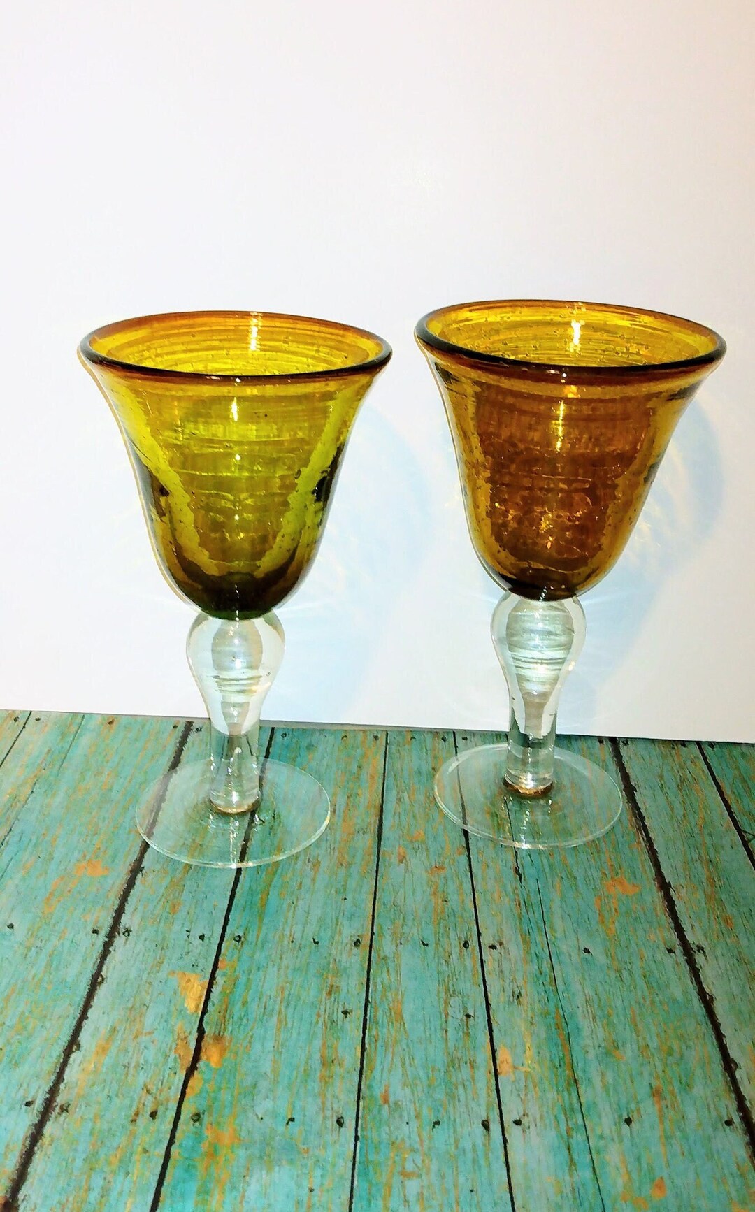 Hand Blown Amber Bubble Glass Set of 2 Goblets Used - Etsy