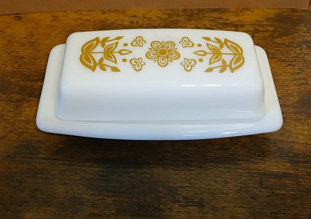 White Milk Glass Pyrex Butterfly Butter Dish Gold Flowers and Butterfly ...