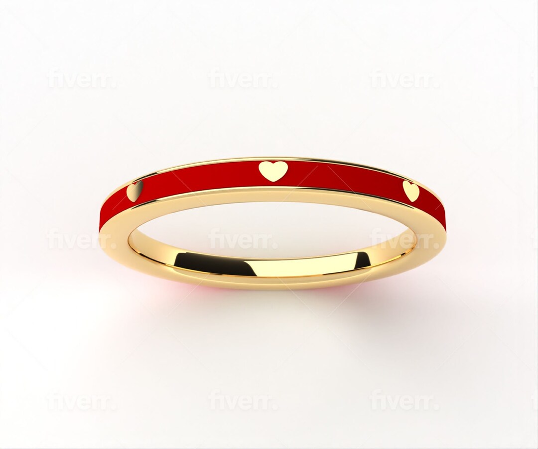 Red Enamel 14K Solid Gold Heart Design Ring - Etsy
