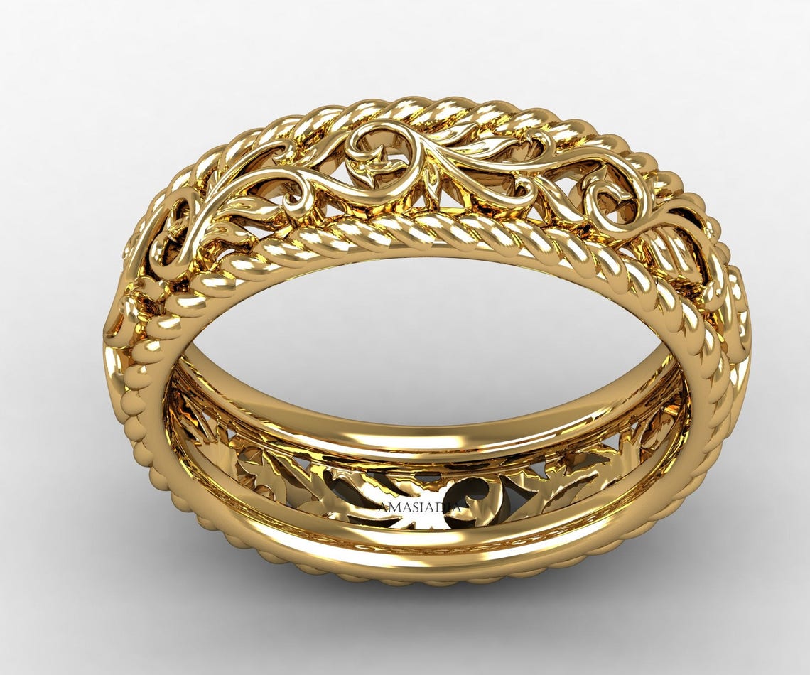 14K Gold Filigree Floral and Rope Design Wedding Band Ring | Etsy