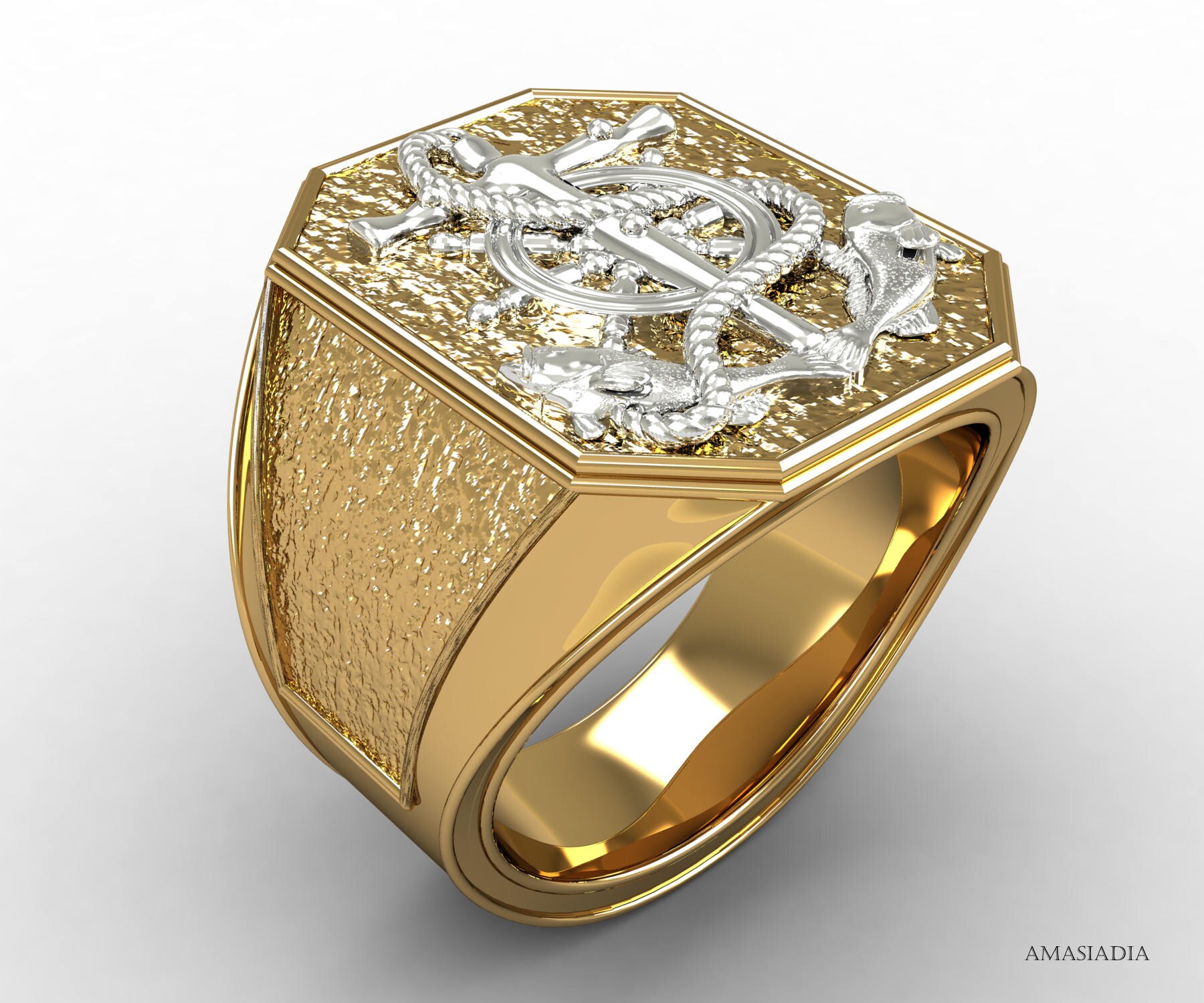 14K Two Tone Solid Gold Knight Templar Catholic Anchor Cross Signet ...